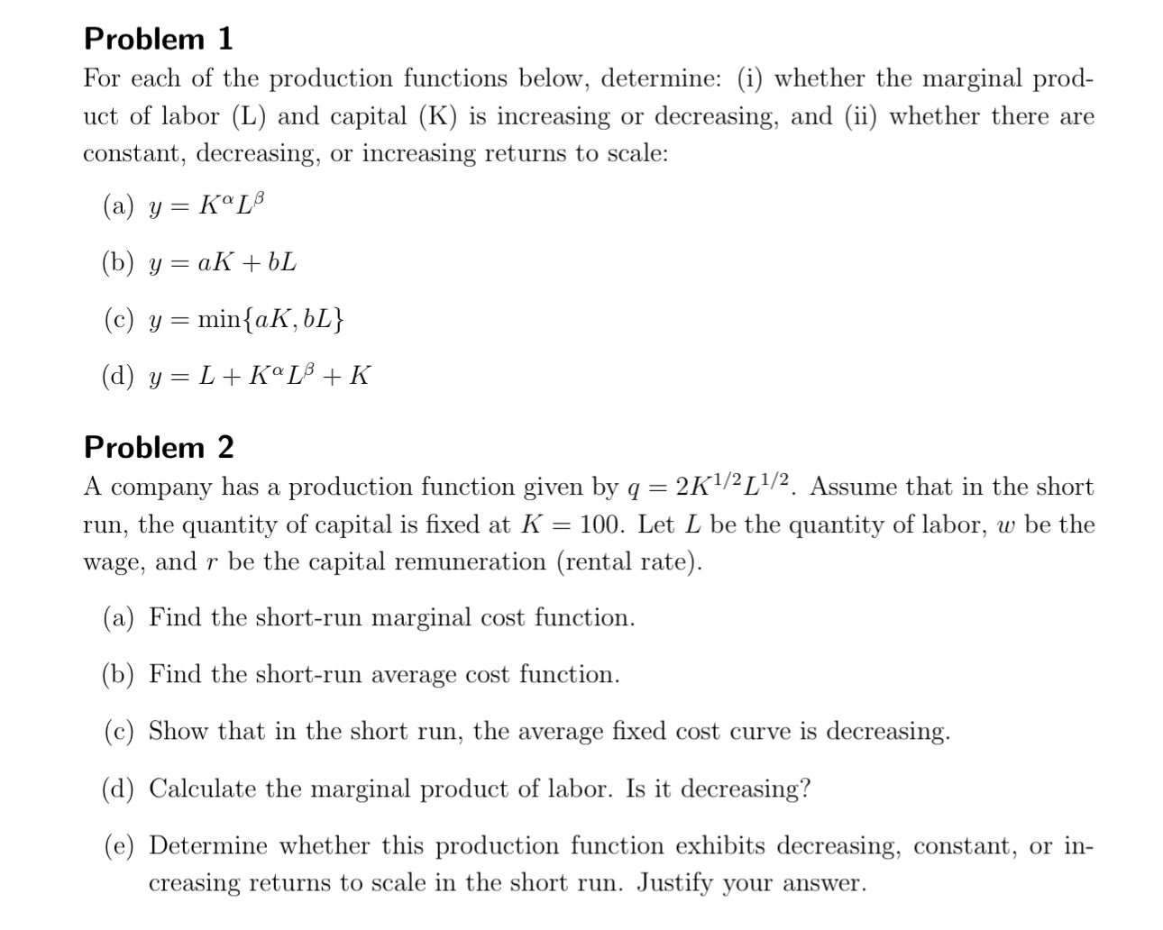 Solved Problem 1For each of the production functions below, | Chegg.com