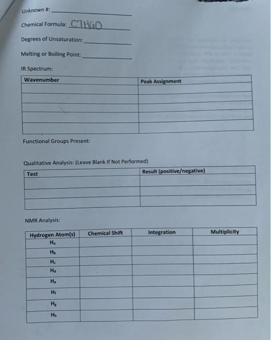 Solved Unknown H: Chemical Formula: CTH(OO) Degrees of | Chegg.com