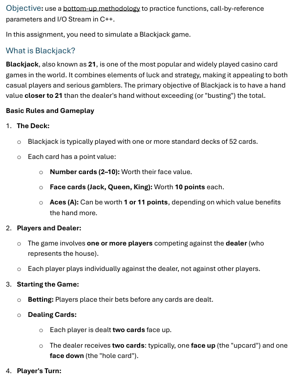 Solved Assignment: Blackjack Simulation (Dice | Chegg.com