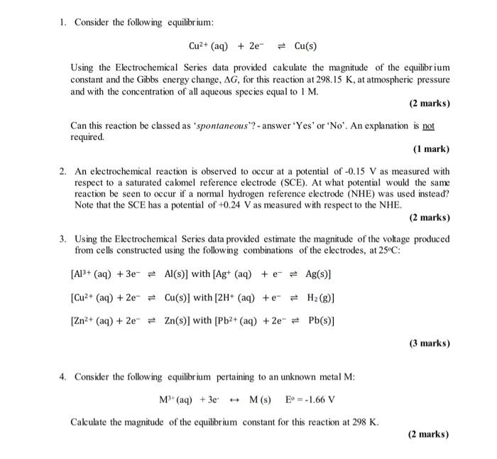 Solved 1. Consider the following equilibrium: Cu2+ (aq) + 2 | Chegg.com