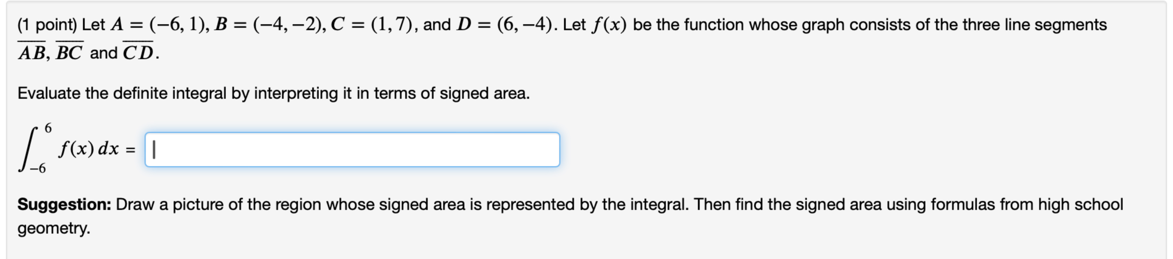 Solved (1 ﻿point) ﻿Let A=(-6,1),B=(-4,-2),C=(1,7), ﻿and | Chegg.com
