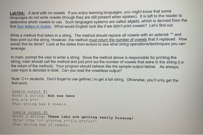 Solved Lab10A: A land with no vowels. If you enjoy learning | Chegg.com