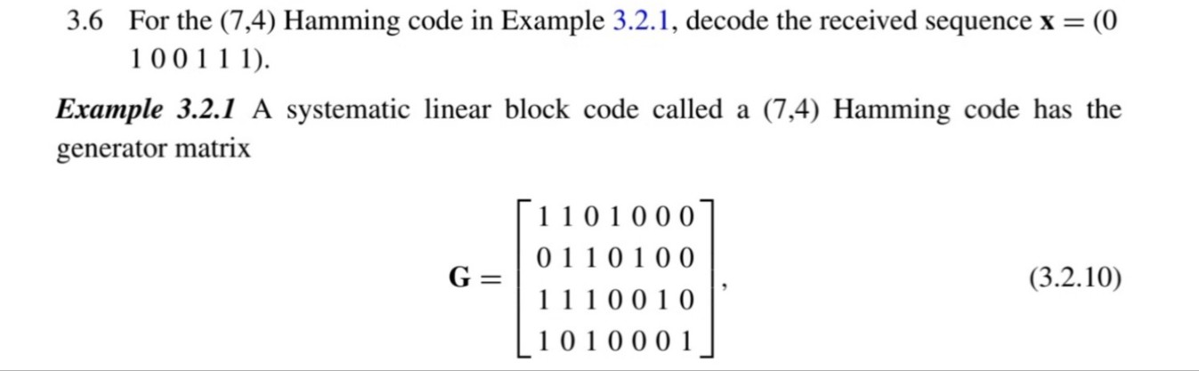 Solved 3.6 For the (7,4) Hamming code in Example 3.2.1, | Chegg.com