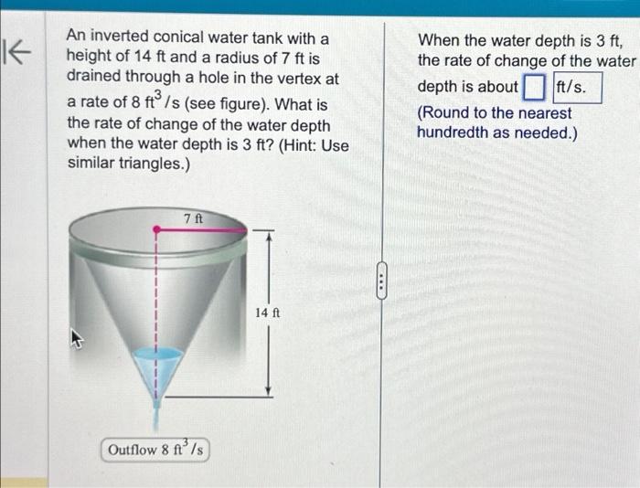 Solved K An inverted conical water tank with a height of 14 | Chegg.com