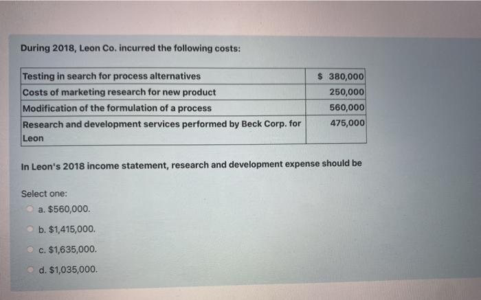 Solved During 2018, Leon Co. incurred the following costs: | Chegg.com Solved During 2018, Leon Co. incurred the following costs: | Chegg.com
