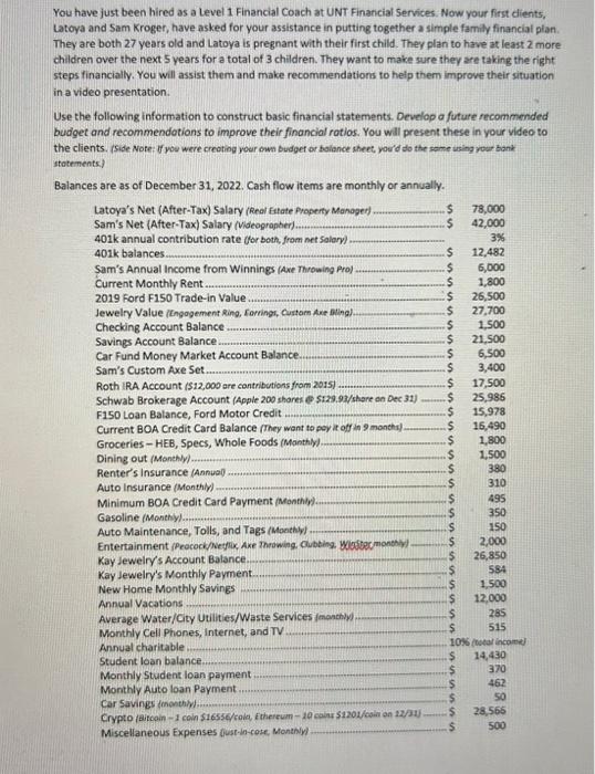 Solved You have just been hired as a Level 1 Financial Coach | Chegg.com