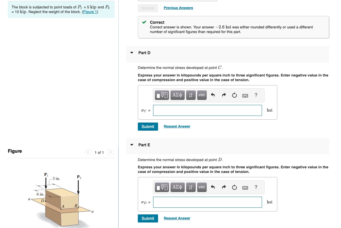 Solved The block is subjected to point loads of P1=5kip and | Chegg.com