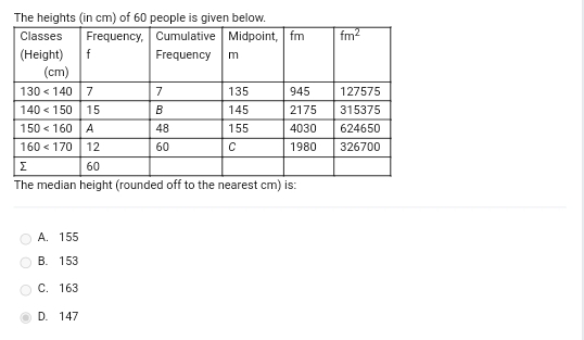 Solved The heights (in cm ) ﻿of 60 ﻿people is given | Chegg.com