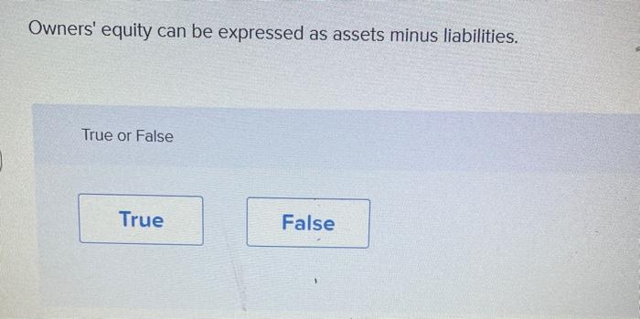 Solved Owners' equity can be expressed as assets minus | Chegg.com