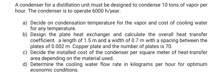 Solved A condenser for a distillation unit must be designed | Chegg.com
