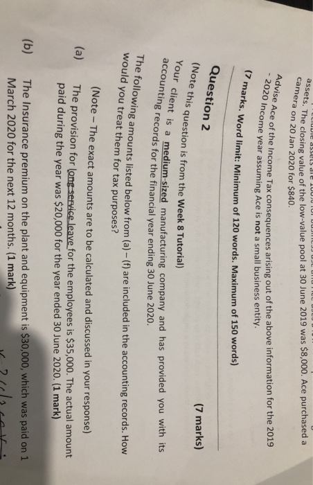 assets. The closing value of the low-value pool at 30 | Chegg.com