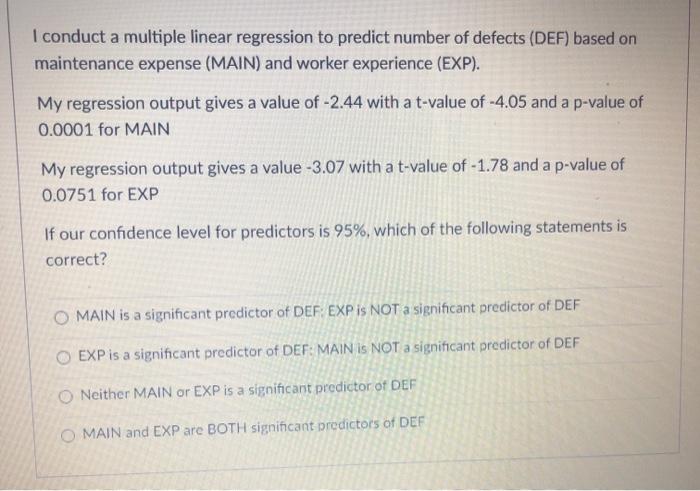 Solved I Conduct A Multiple Linear Regression To Predict Chegg