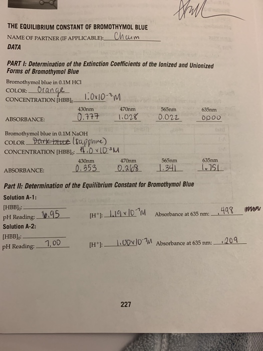 Solved THE EQUILIBRIUM CONSTANT OF BROMOTHYMOL BLUE NAME OF | Chegg.com
