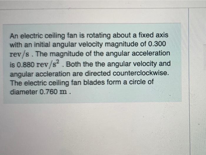 Solved An electric ceiling fan is rotating about a fixed | Chegg.com