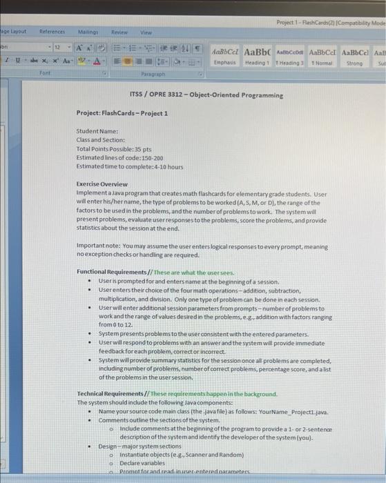 Solved ITSS/OPRE 3312 - Object-Oriented Programming Project: | Chegg.com