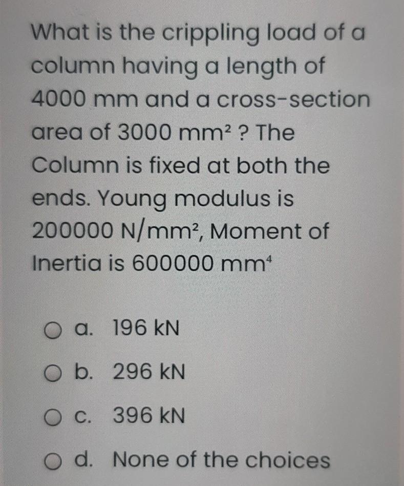 Solved What is the crippling load of a column having a | Chegg.com