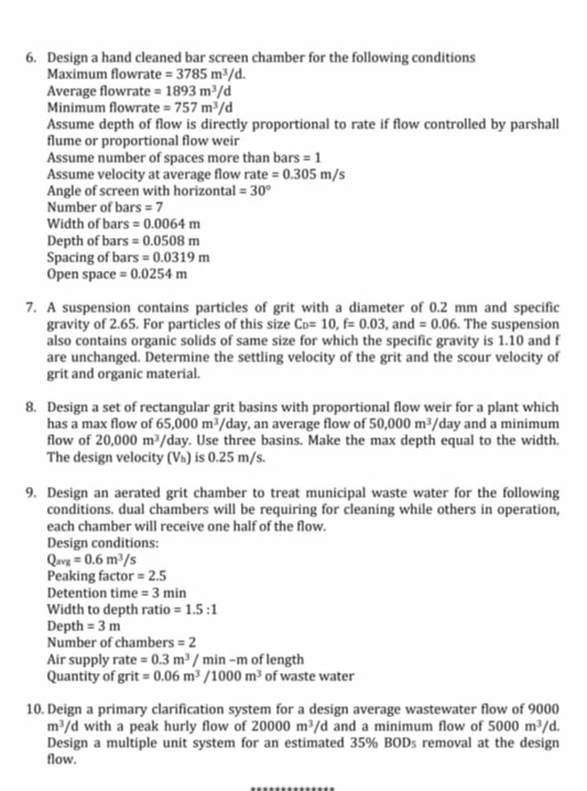 6. Design a hand cleaned bar screen chamber for the | Chegg.com
