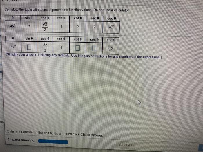 Solved Complete the table with exact trigonometric function | Chegg.com