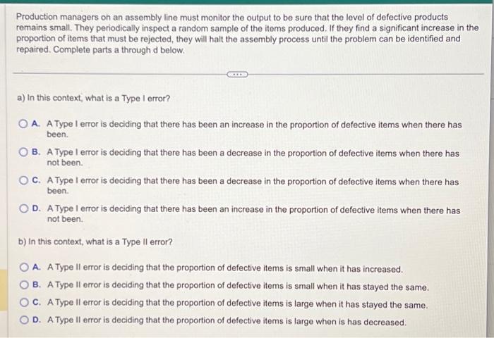 Solved Production managers on an assembly line must monitor | Chegg.com