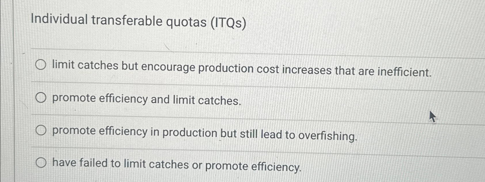 Solved Individual transferable quotas (ITQs)limit catches | Chegg.com