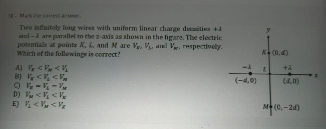 Solved 16- Mark the correct answer. Two infinitely long | Chegg.com