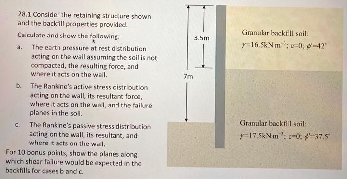 Solved 3.5m Granular backfill soil: y=16.5kN m'; c=0; =42 7m | Chegg.com