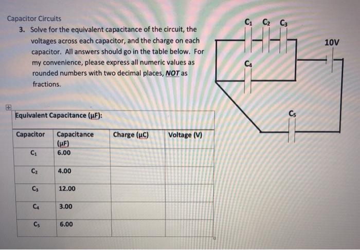 Solved C1 C2 C3 10V Capacitor Circuits 3. Solve for the | Chegg.com