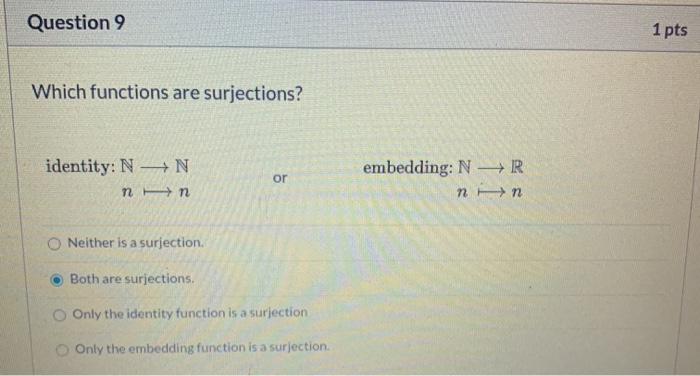 Solved Question 9 1 pts Which functions are surjections? | Chegg.com
