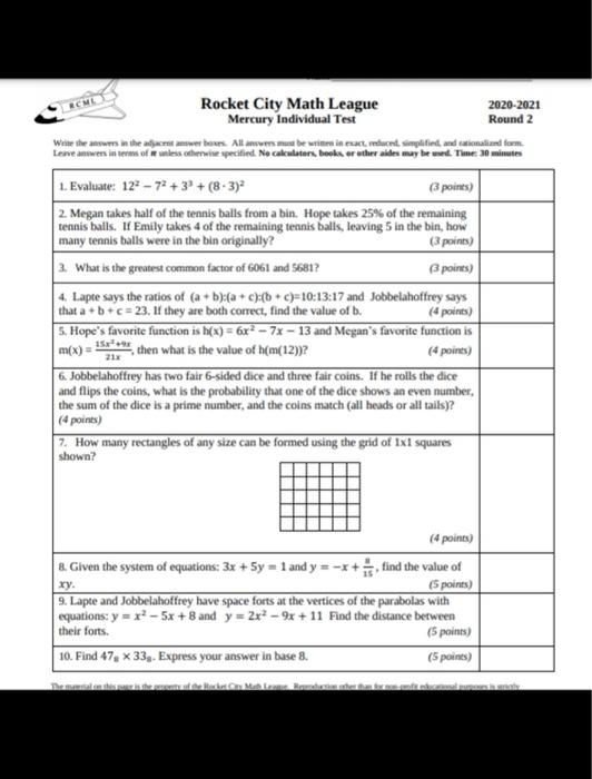 RCML Rocket City Math League 2020-2021 Mercury | Chegg.com