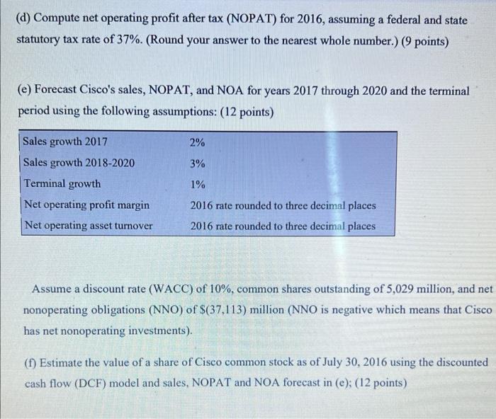 (d) Compute net operating profit after tax (NOPAT) | Chegg.com