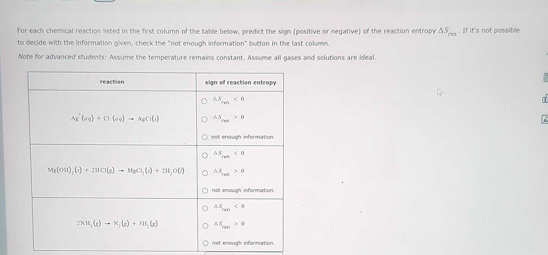 Solved For each chemical reaction listed in the first column | Chegg.com