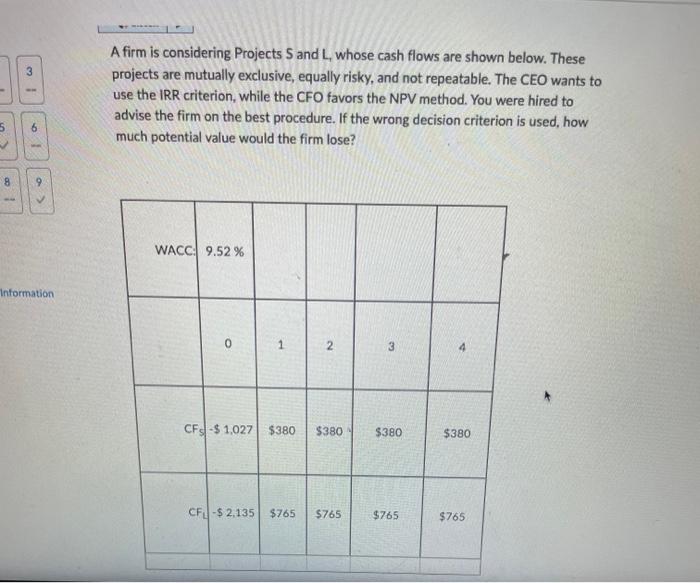 Solved A firm is considering Projects S and L, whose cash | Chegg.com