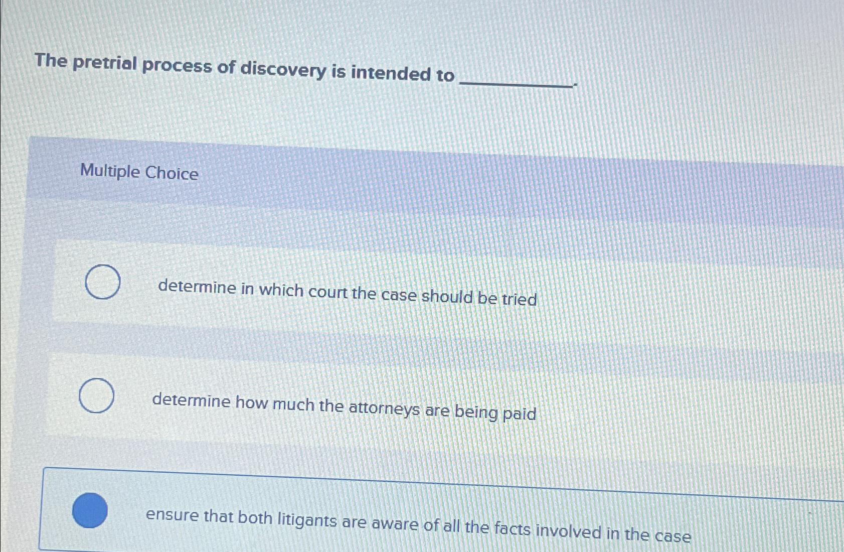 Solved The pretrial process of discovery is intended | Chegg.com
