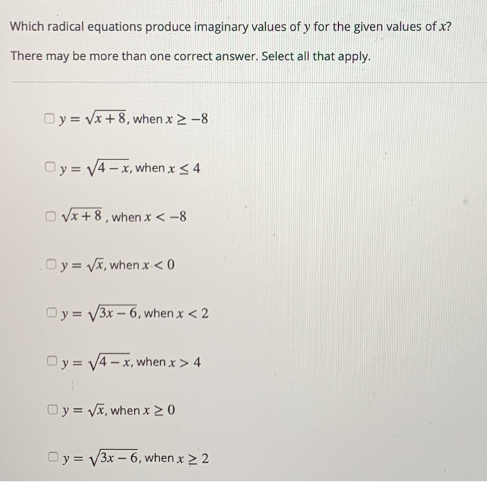Solved Which radical equations produce imaginary values of y | Chegg.com