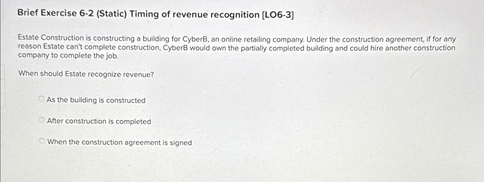 Solved Brief Exercise 6-2 (Static) ﻿Timing of revenue | Chegg.com