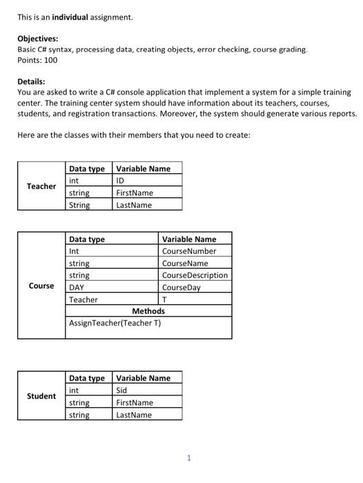 Solved This is an individual assignment Objectives: Basic C# | Chegg.com