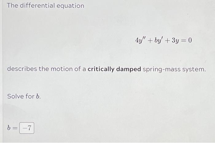 Solved The differential equation 4y′′+by′+3y=0 describes the | Chegg.com