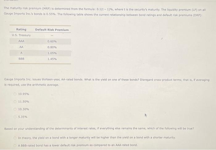 The maturity risk premium (MRP) is determined from | Chegg.com