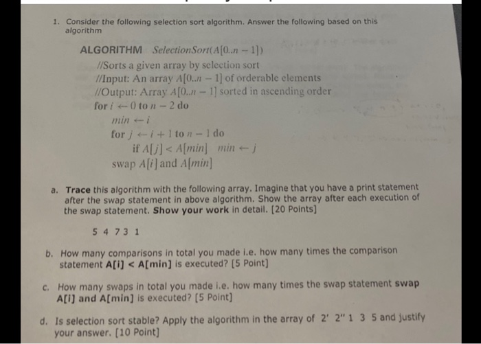 Solved 1 Consider The Following Selection Sort Algorithm 8538