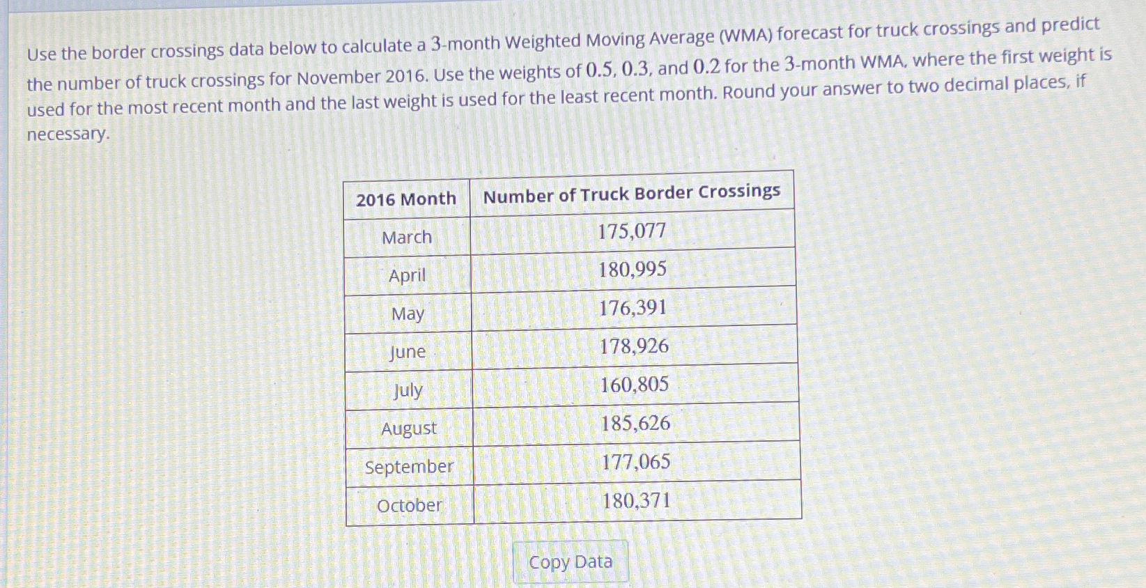 Solved Use the border crossings data below to calculate a | Chegg.com