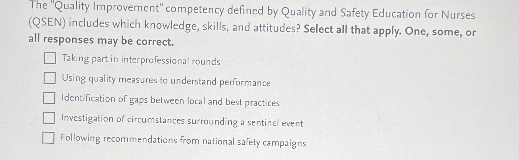 Solved The "Quality Improvement" competency defined by | Chegg.com