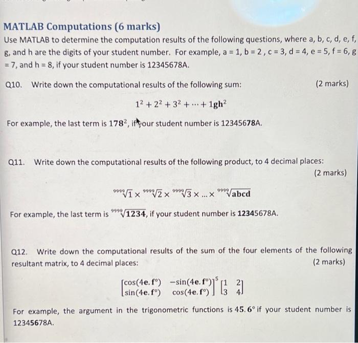 Solved MATLAB Computations (6 marks) Use MATLAB to determine | Chegg.com