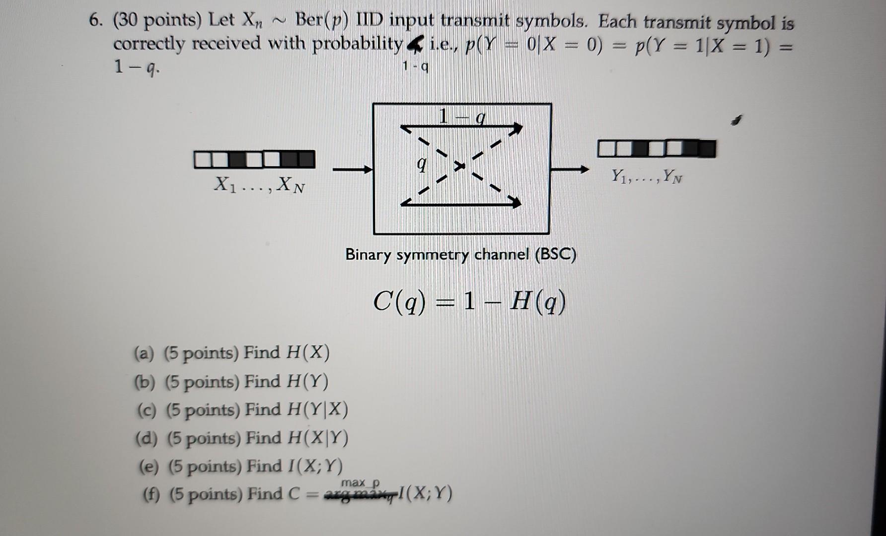 Solved 6. (30 points) Let Xn∼Ber(p) IID input transmit | Chegg.com