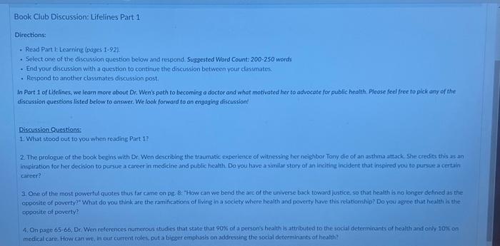 Book Club Discussion: Lifelines Part 1 Directions: - | Chegg.com