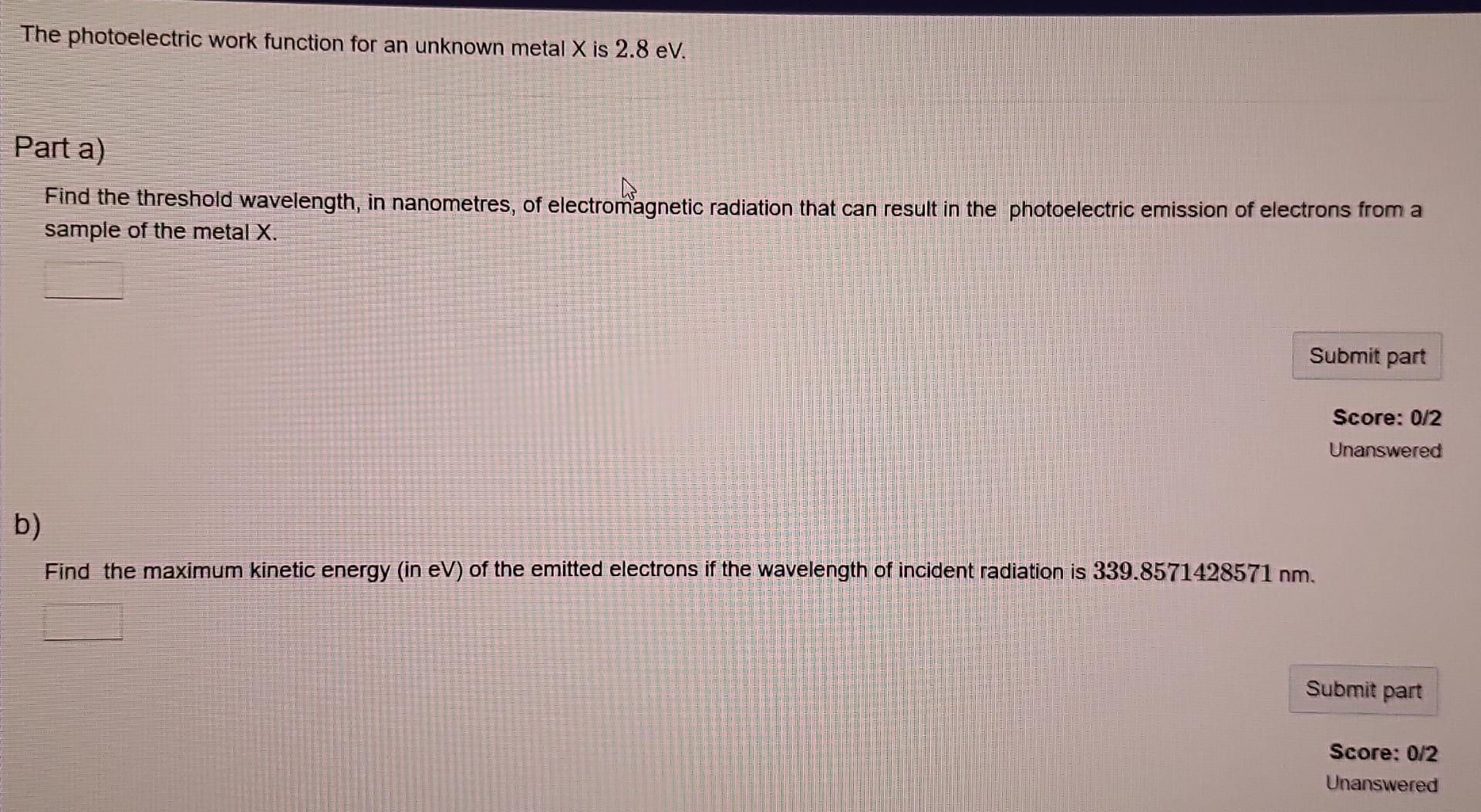 Solved The photoelectric work function for an unknown metal | Chegg.com
