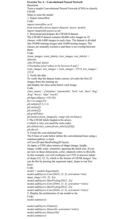 Solved Exercise No: 4 - Cenvolutional Neural Network | Chegg.com