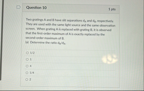 Solved Question 101 ﻿ptsTwo gratings A and B ﻿have slit | Chegg.com