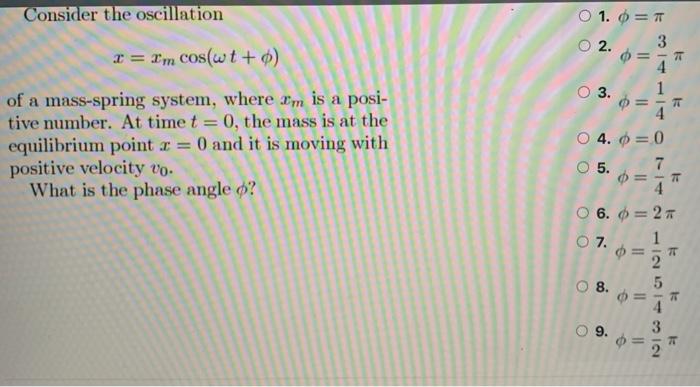 Solved Consider the oscillation x = I'm cos(wt + o) 1. O = 7 | Chegg.com