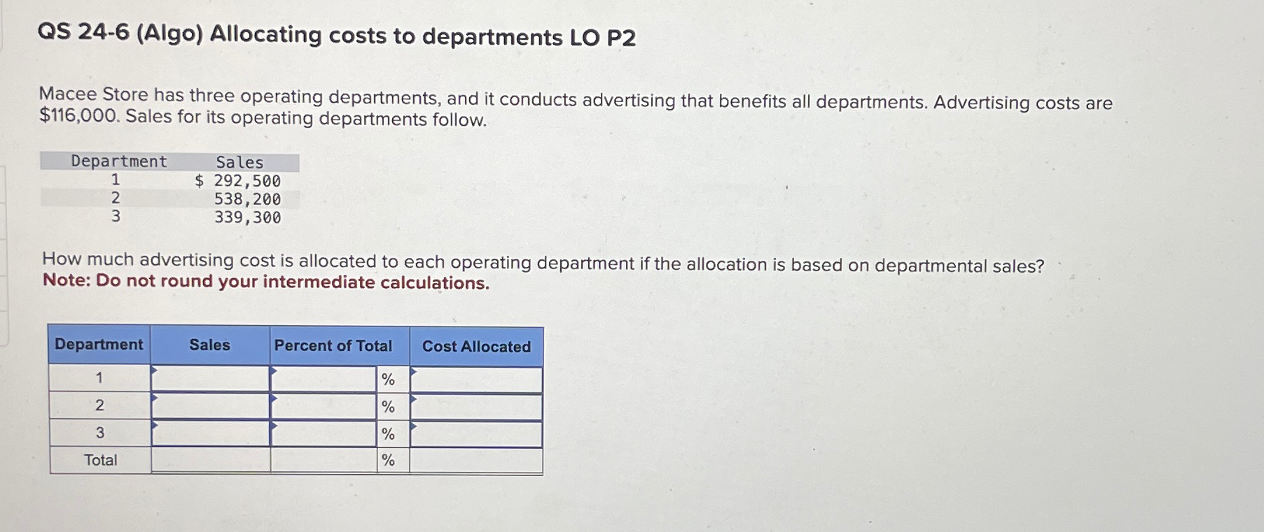 Solved QS 24-6 (Algo) ﻿Allocating costs to departments LO | Chegg.com