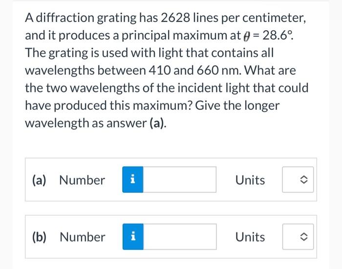 Solved A diffraction grating has 2628 lines per centimeter, | Chegg.com